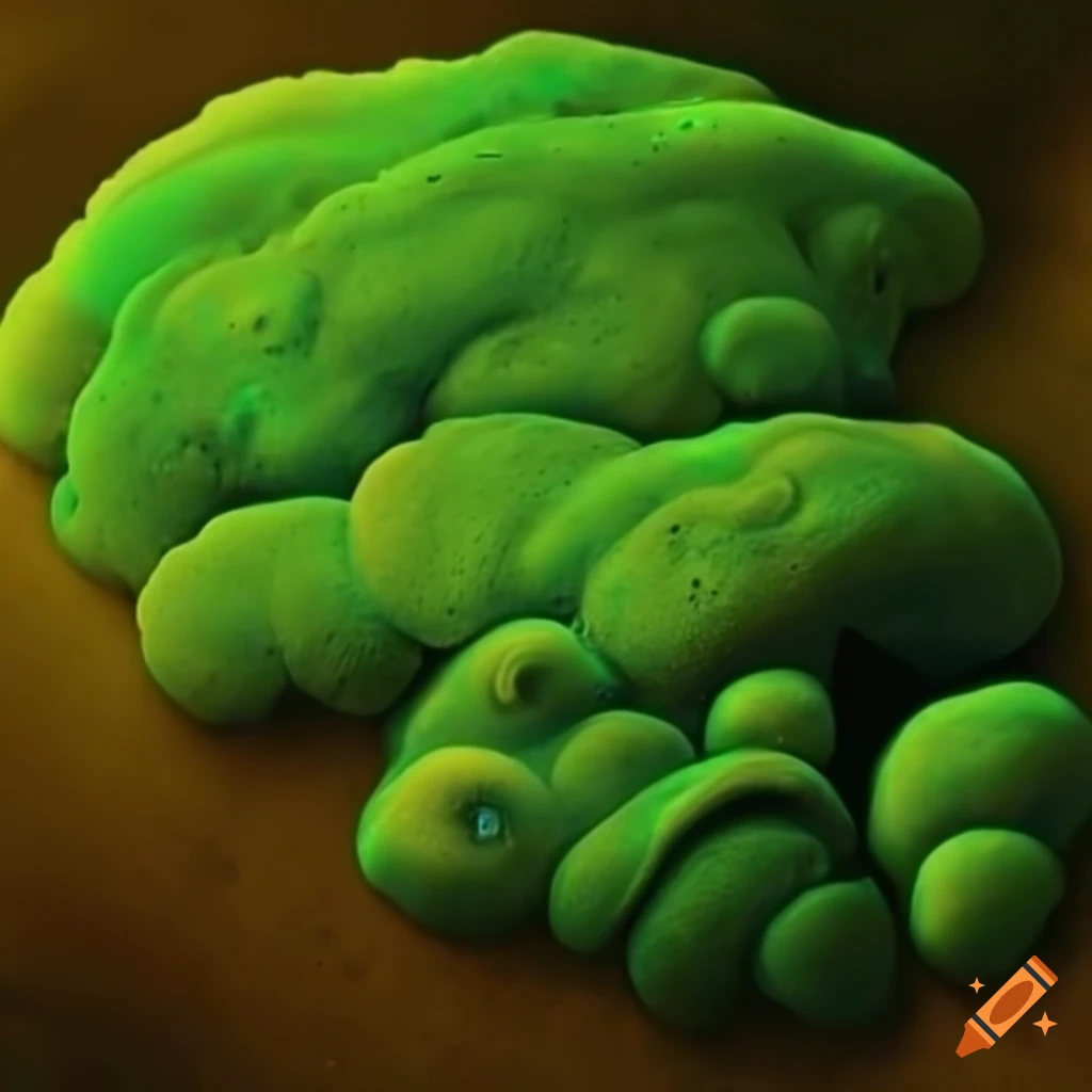 Green slime mold covering a malpais in a renaissance style on Craiyon