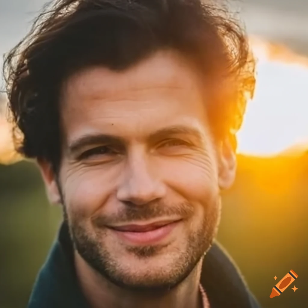 Close-up portrait of a smiling man with green eyes in sunset lighting ...