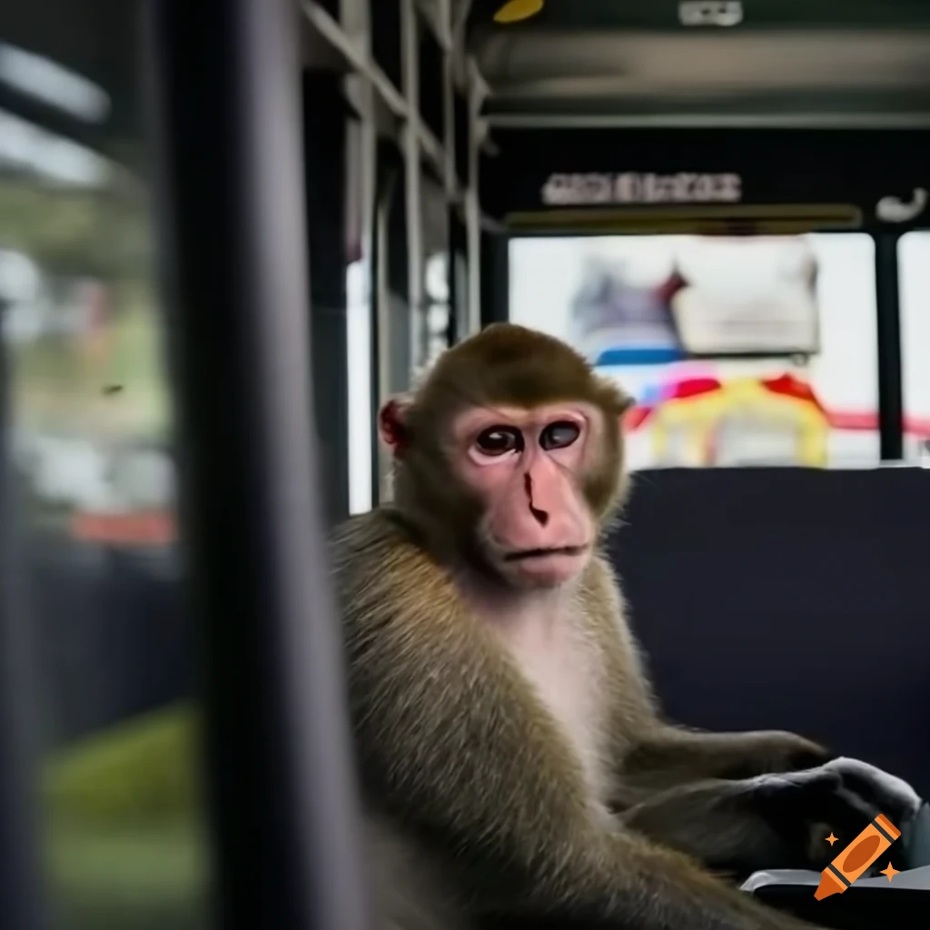 Monkey sitting in a bus looking out the window on Craiyon