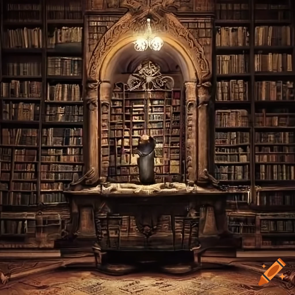 Dark cluttered library with ancient books, scrolls, and magical ...