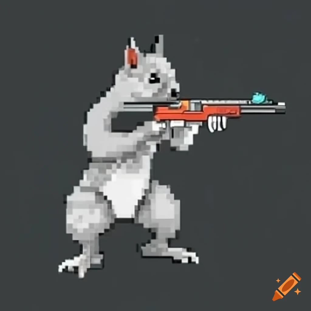 Pixelated techno squirrel with toy rifle on Craiyon