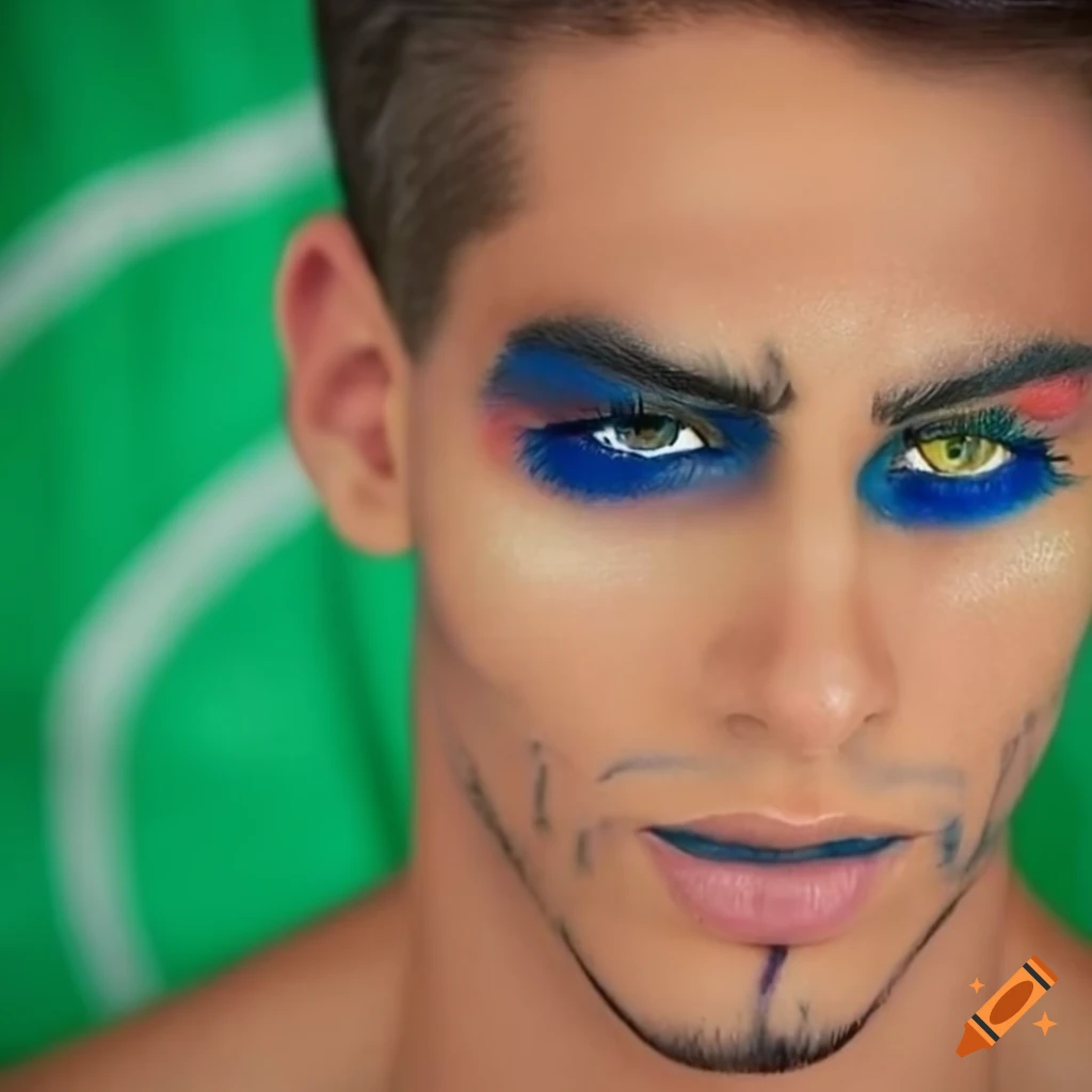 Male model with dramatic eye makeup in brazilian flag colors