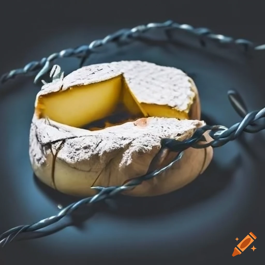 Camembert cheese surrounded by barbed wire on Craiyon