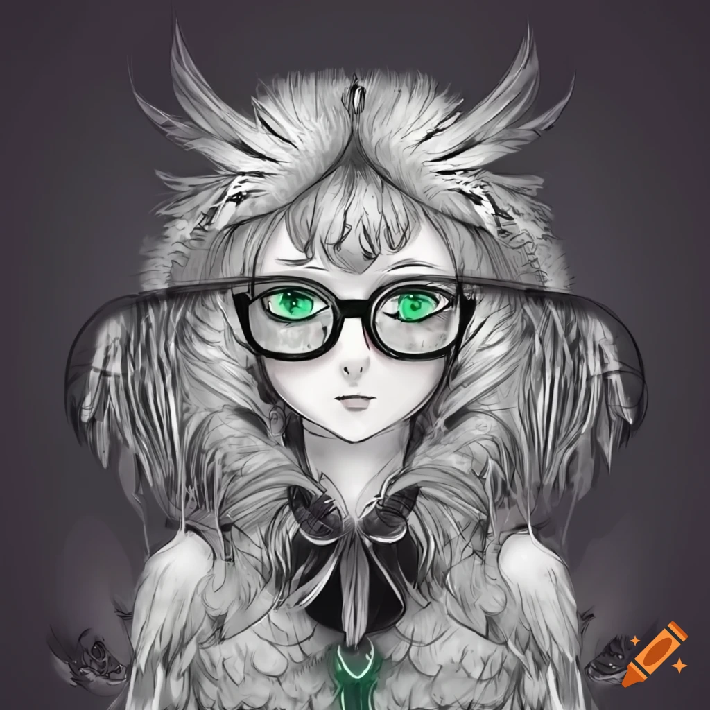 Anime owl girl with glasses in black and white with emerald feathers on ...