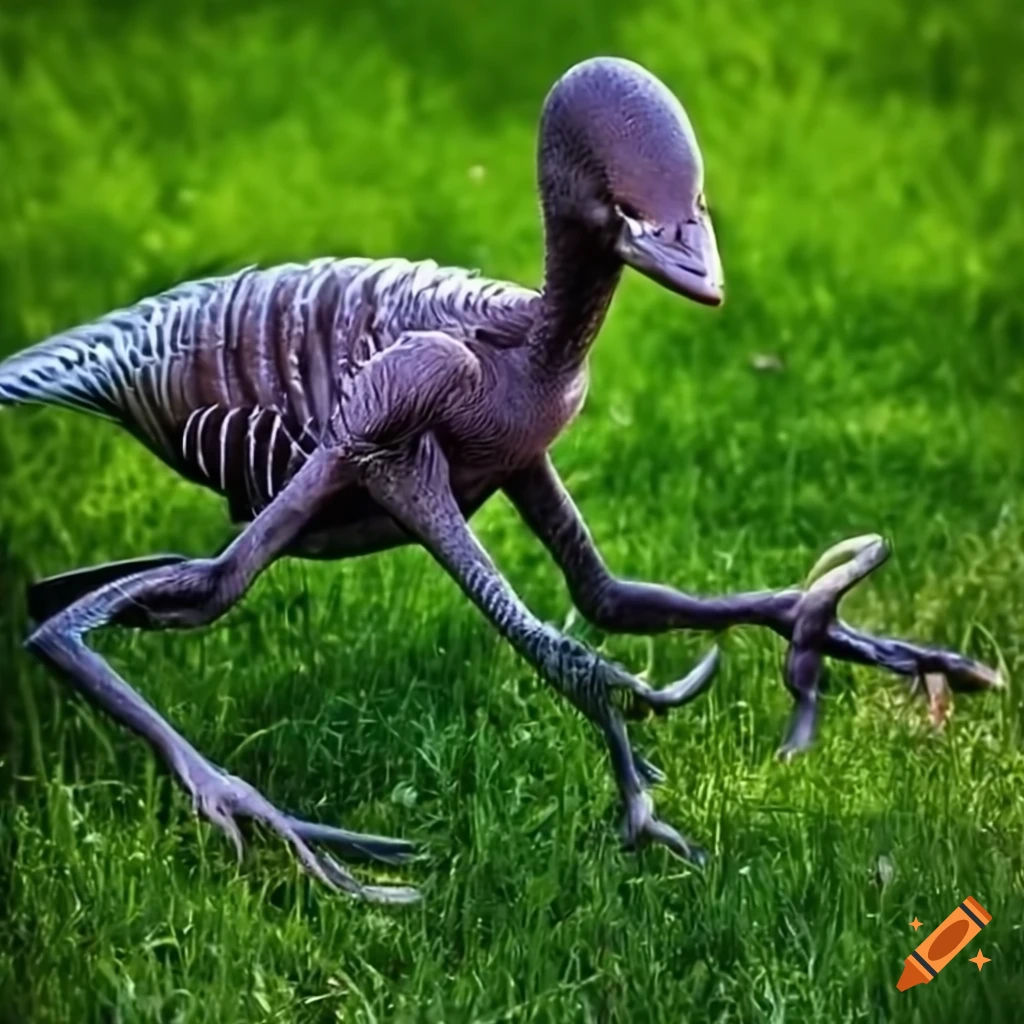 Xenomorph-goose hybrid nibbling grass in the garden on Craiyon