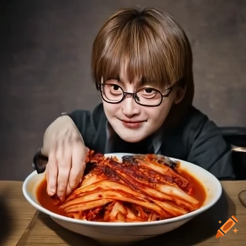 Harry potter enjoying a bowl of traditional korean spicy kimchi on Craiyon