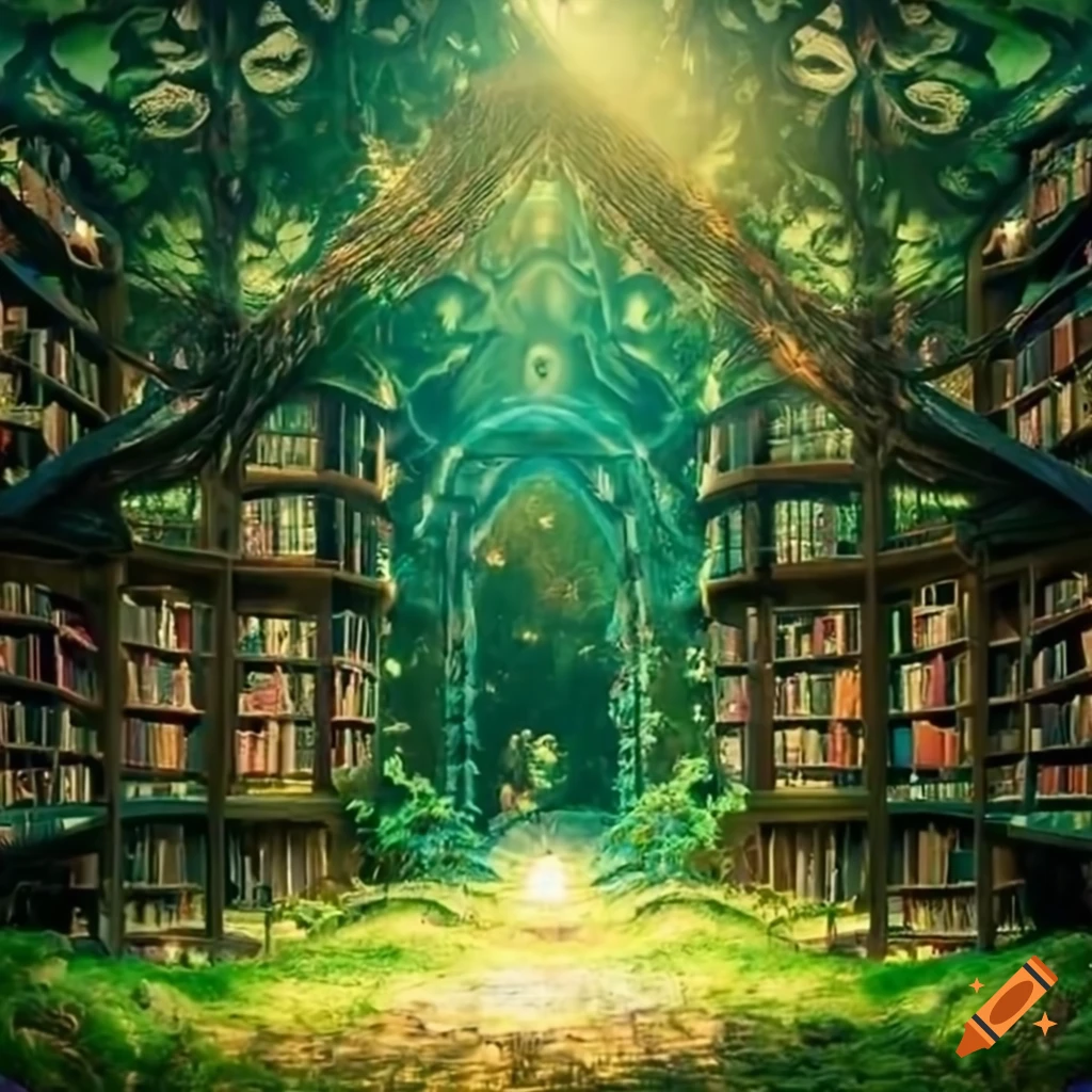 Gigantic library in the middle of a bright enchanted forest with tall trees