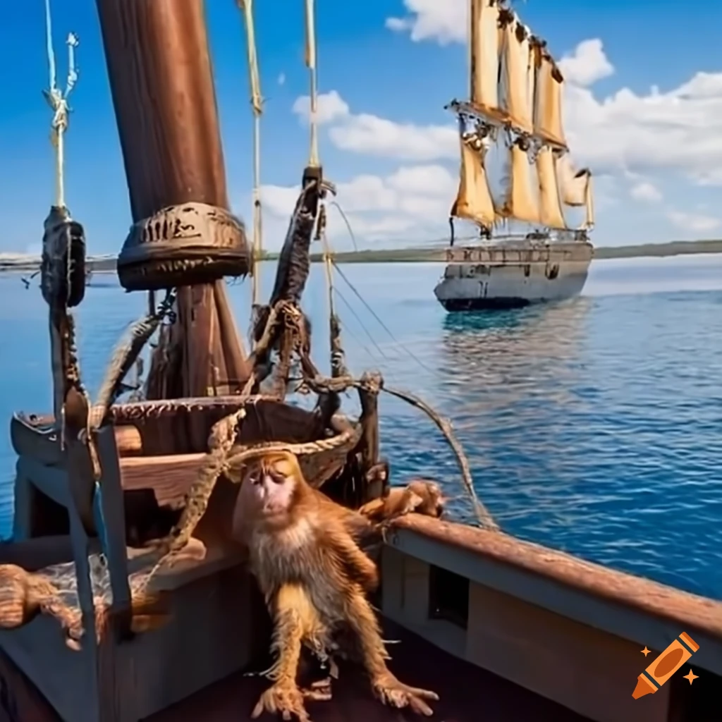 Monkey pirate shooting from a pirate ship cannon on Craiyon