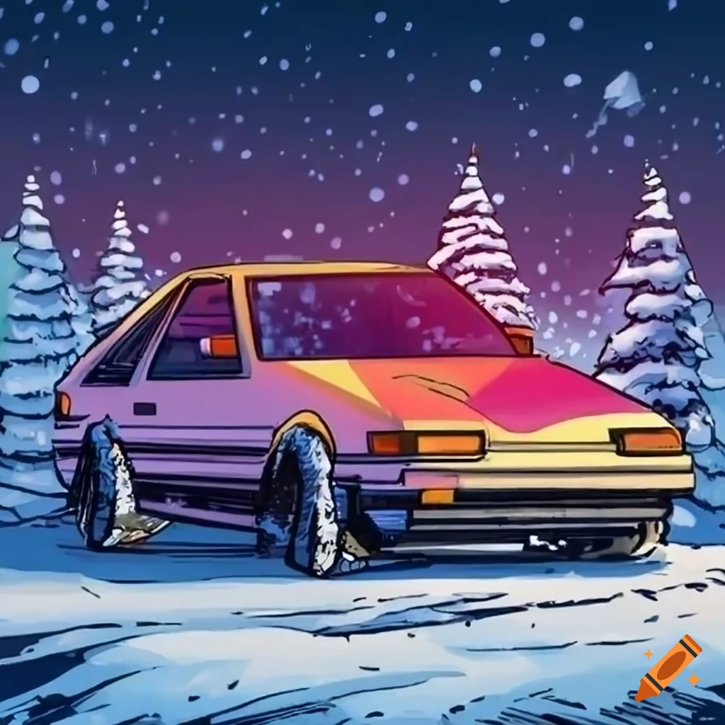 Comic style toyota ae86 with christmas trees in a snowy landscape on ...