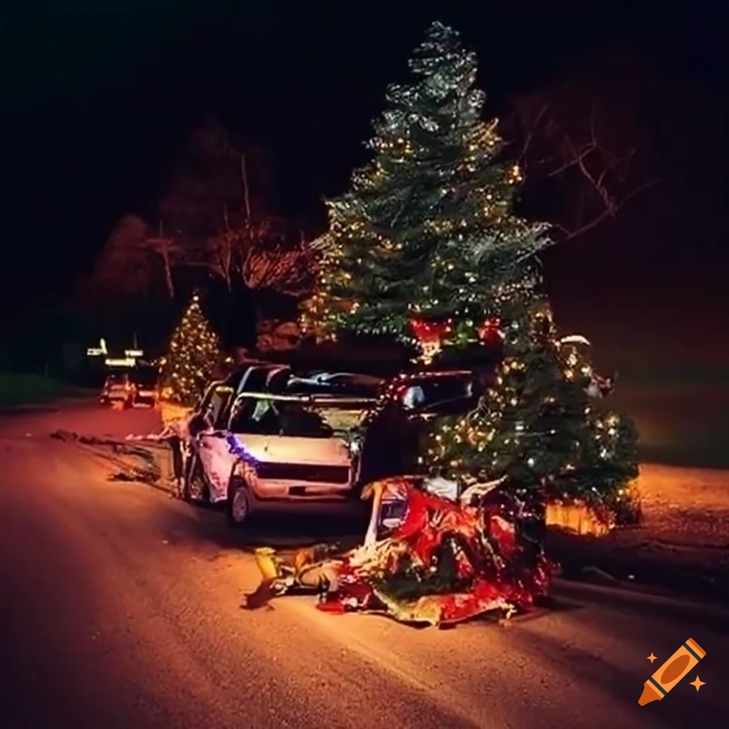 Two cars crashed near a decorated christmas tree on the road on Craiyon