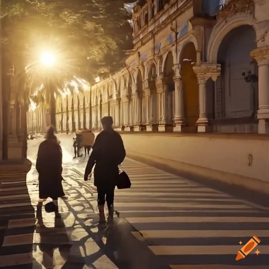 Two people walking towards the sun in seville