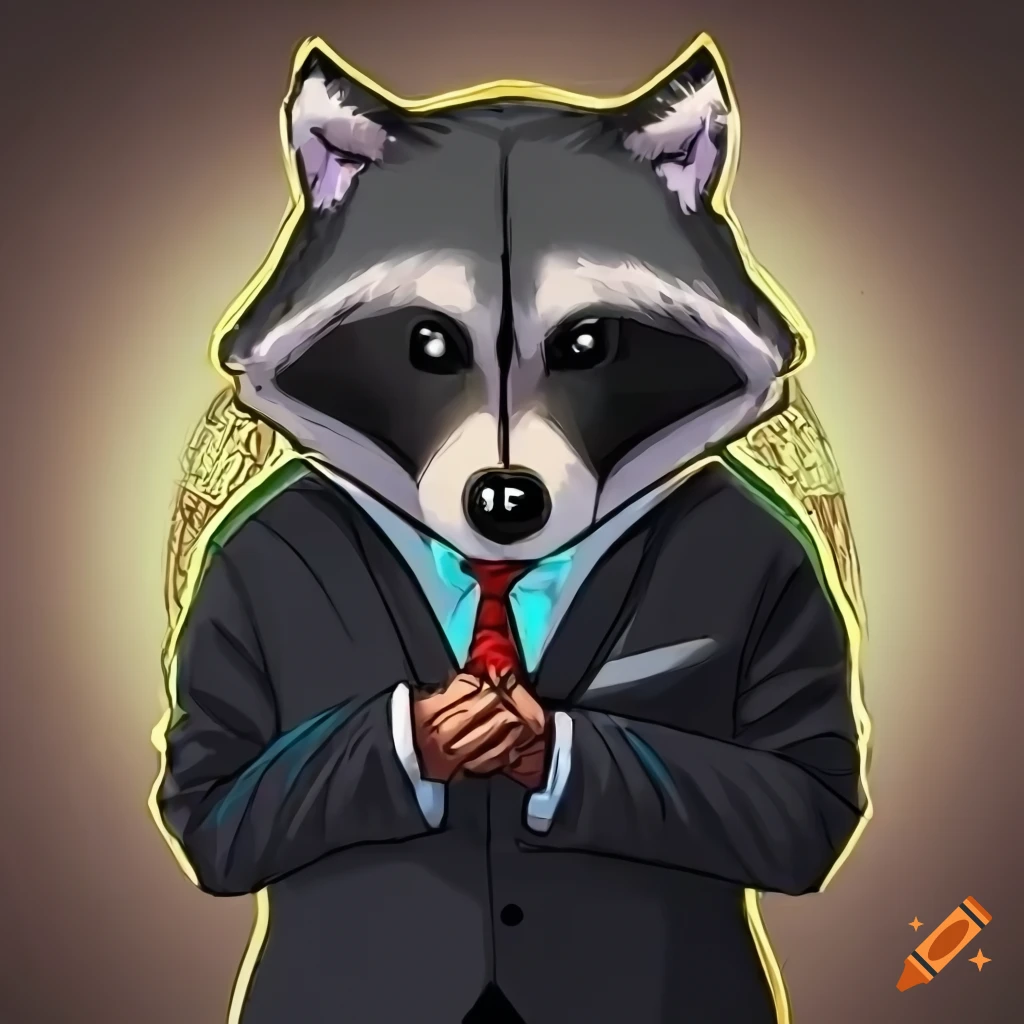 Crypto defi racoon wearing a black suit on Craiyon