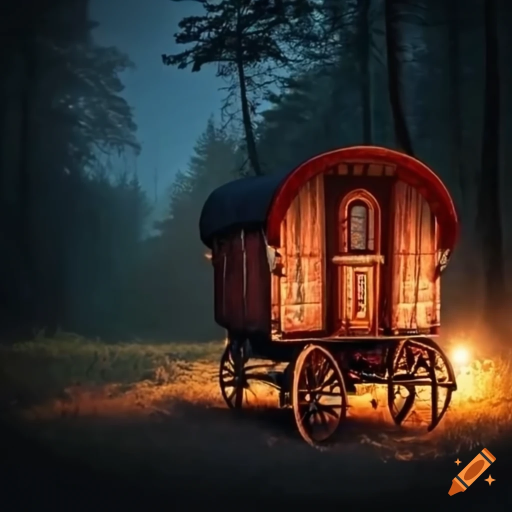 Gypsy vardo wagon in a night forest setting on Craiyon