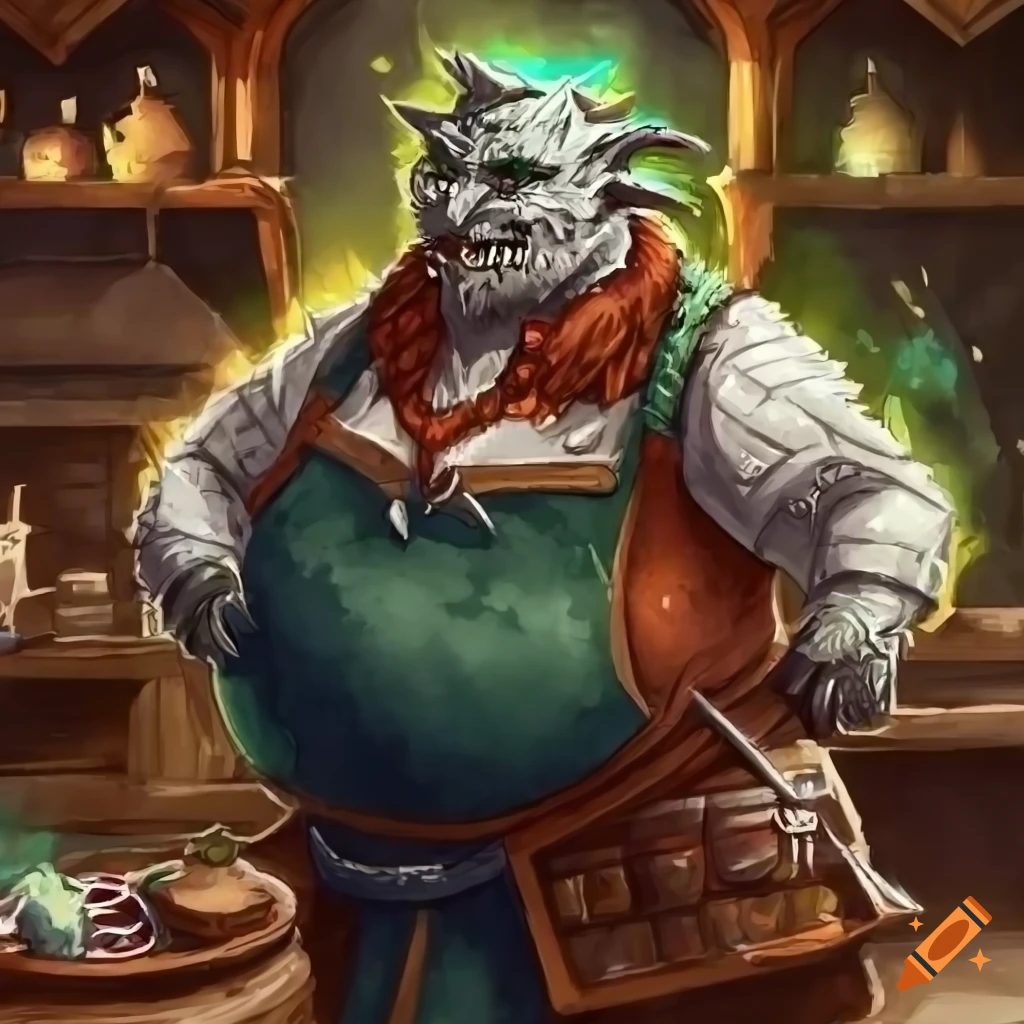 Friendly male fat dragonborn chef serving customers in a fantasy tavern ...