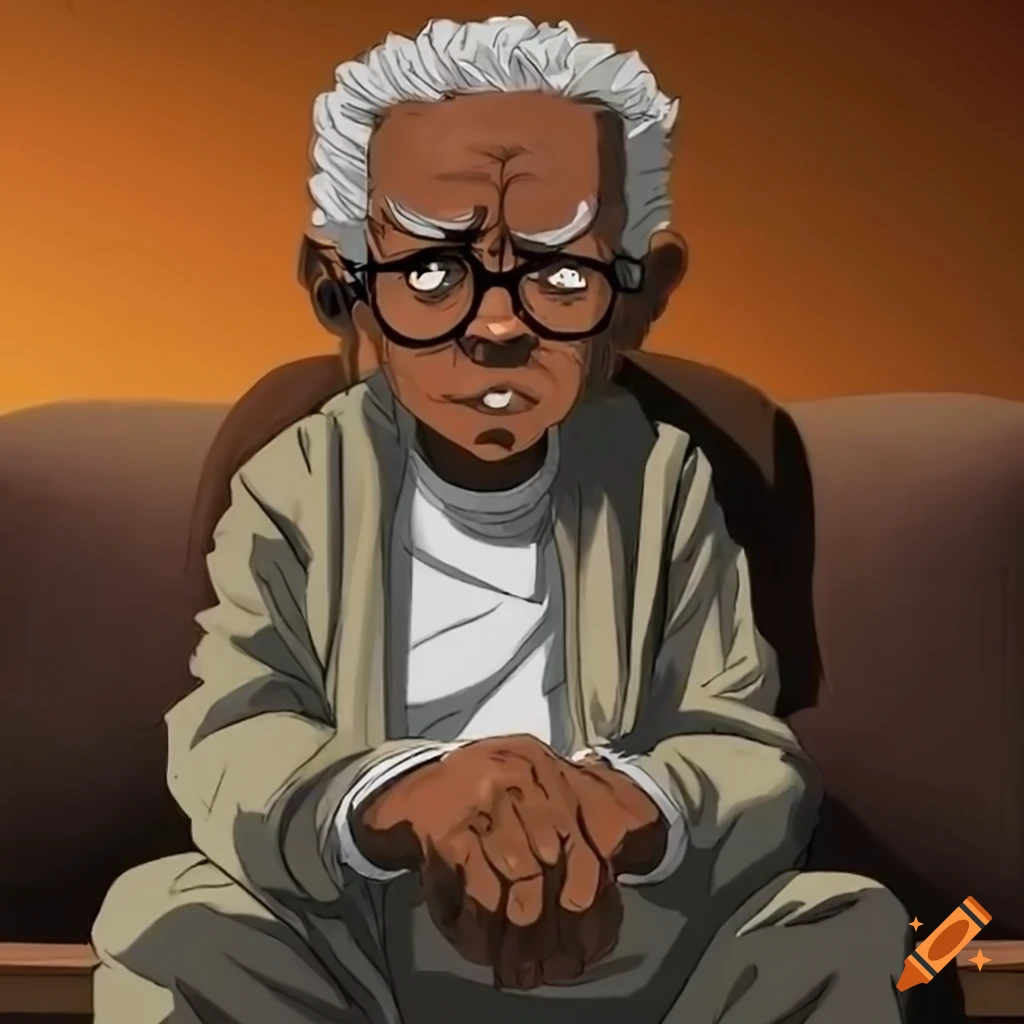 Sleeping grandfather with glasses on a boondocks-style couch on Craiyon