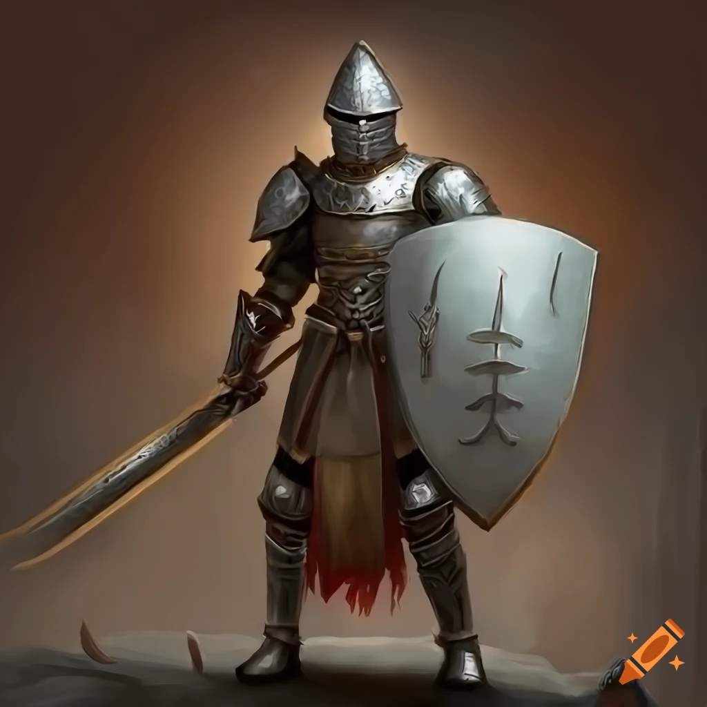 Guard in bronze and white armor striking an action pose against a ...