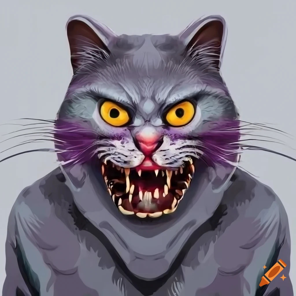 Fierce cat face with large teeth on a white background on Craiyon