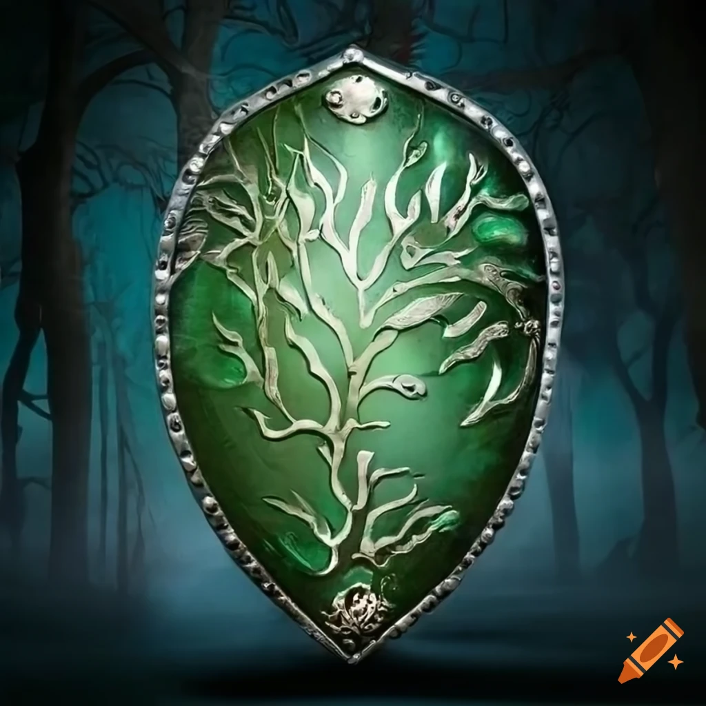 Fantasy steel shield with silver-green tree embossed filigree on Craiyon