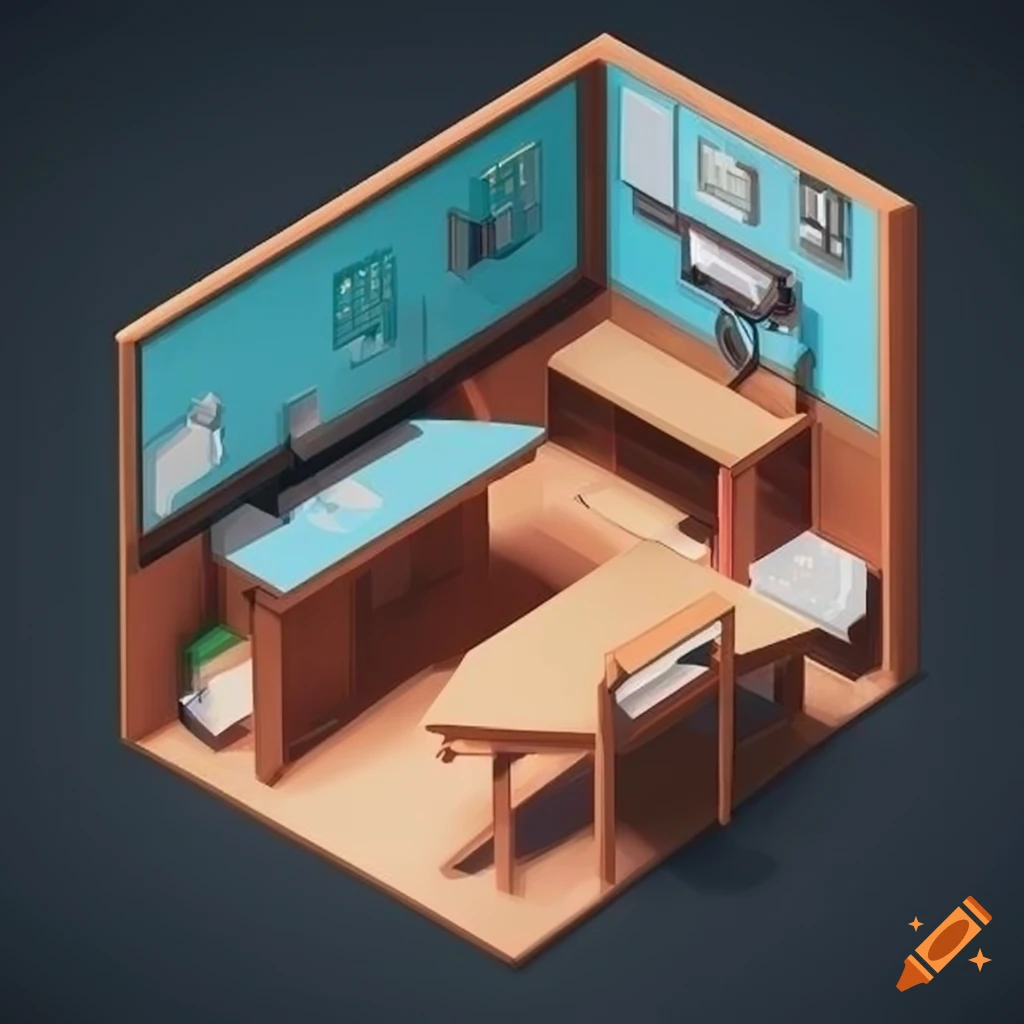 Top-down isometric view of an artist's workstation on Craiyon