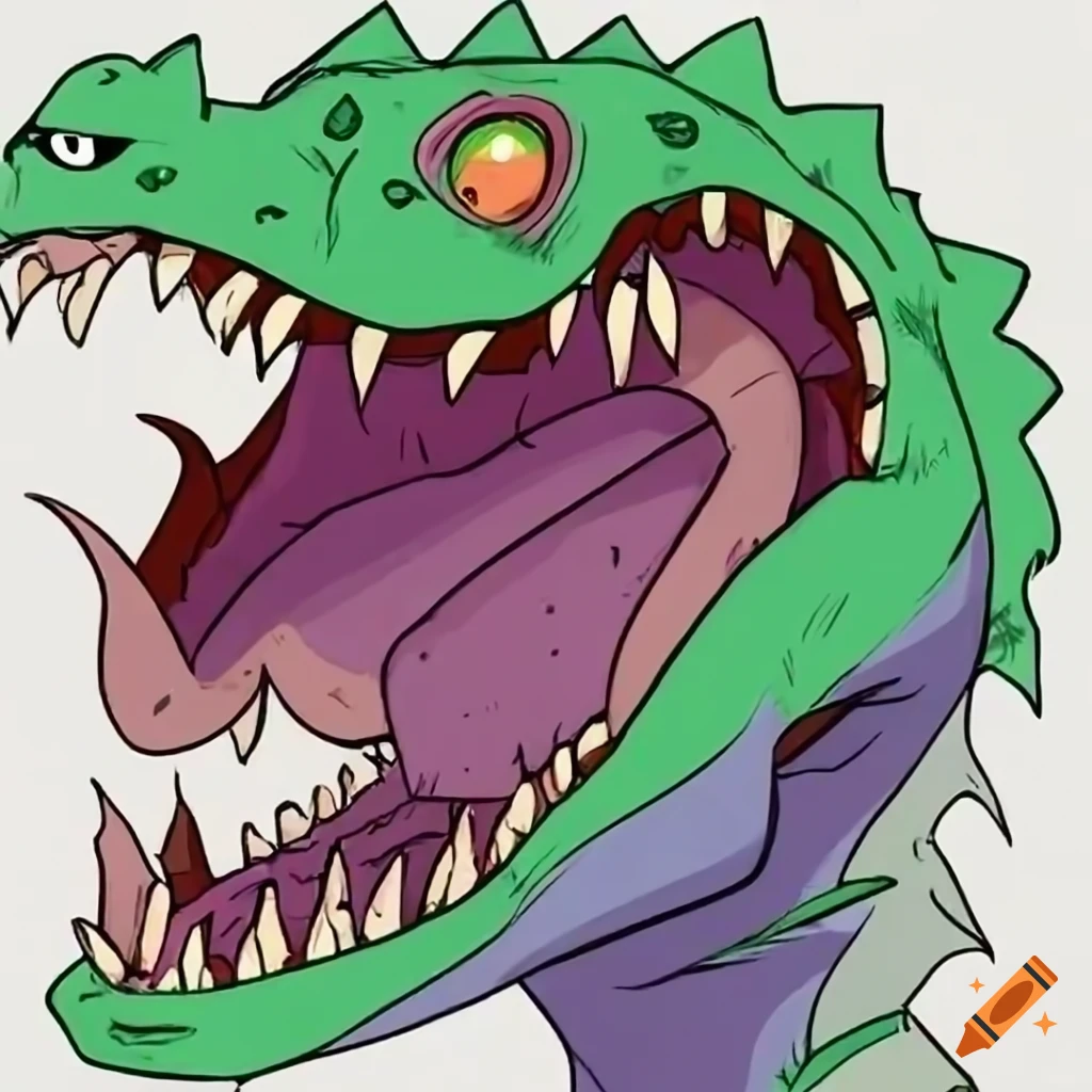 Reptilian creature with multiple mouths in anime art style on Craiyon