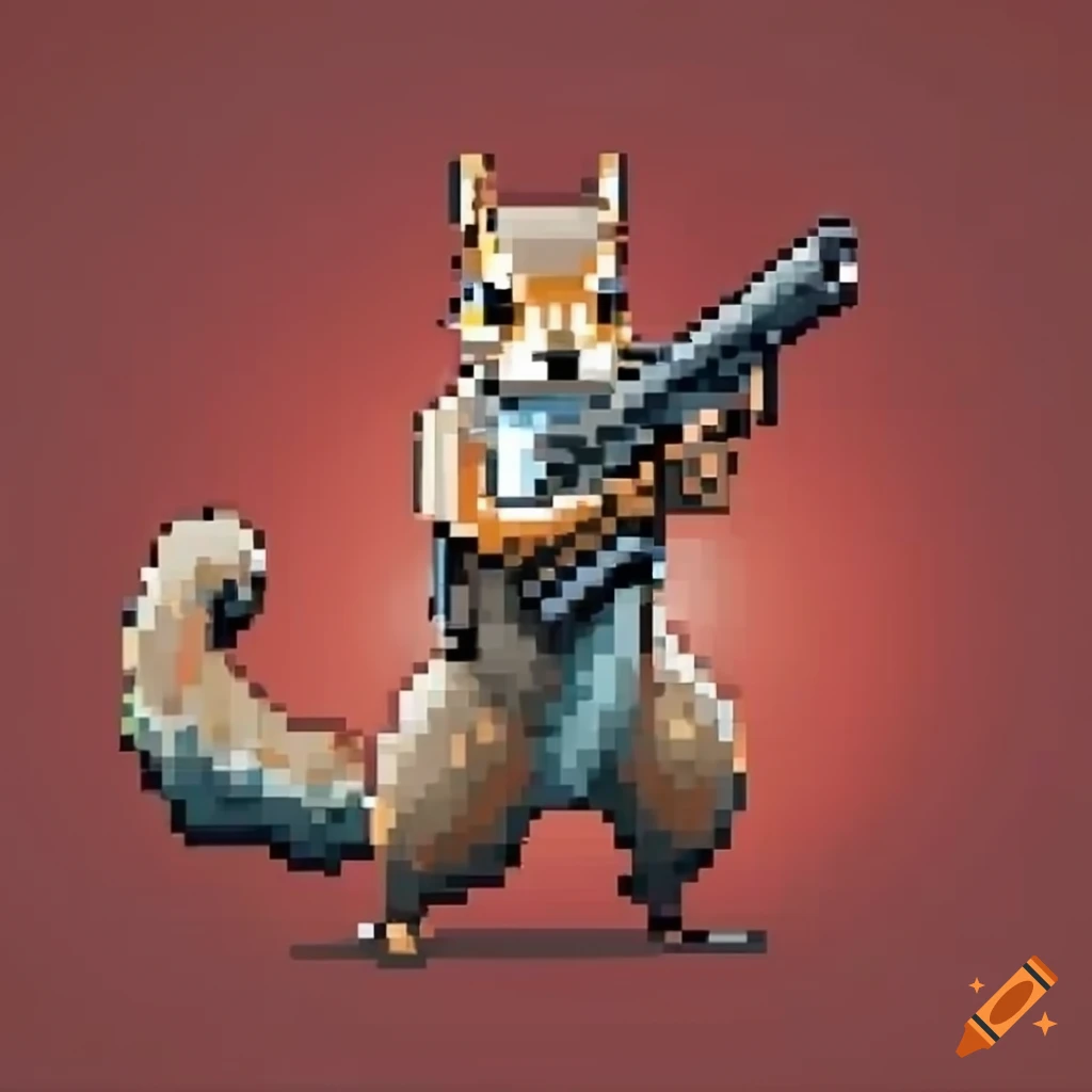 Pixelated squirrel holding a gun on Craiyon