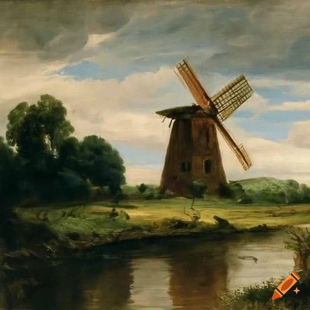 English countryside with a windmill and river by john constable on Craiyon