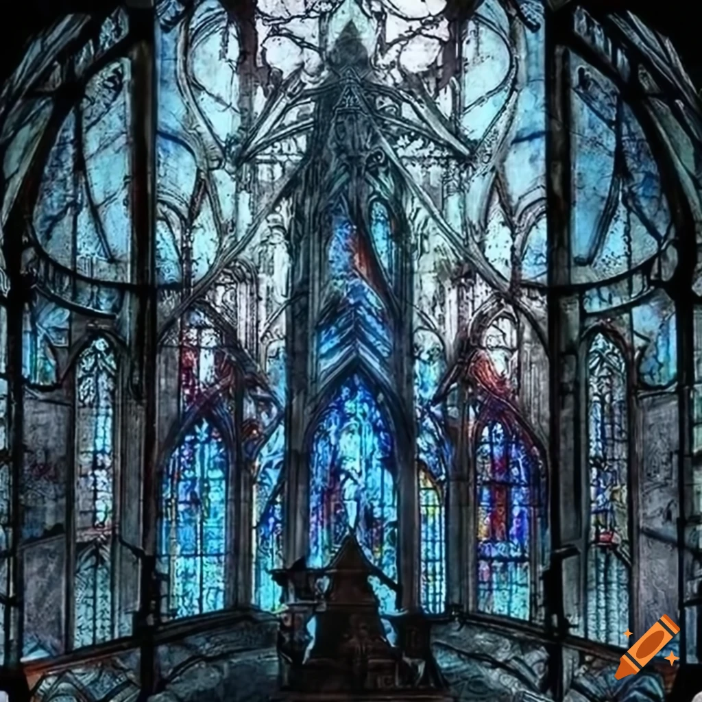Dramatic scenery of a bloodborne hunter in a cathedral with stained glass