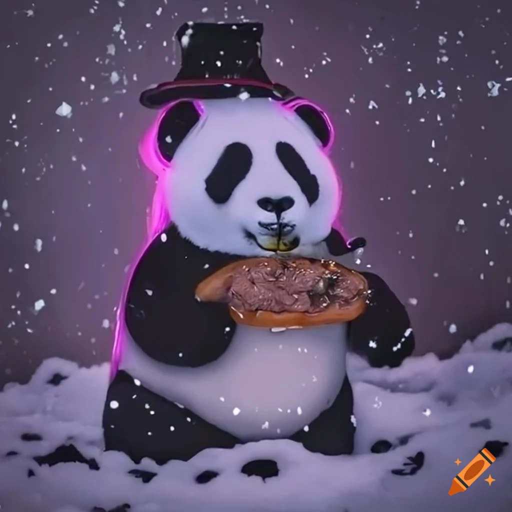 Neon panda bear with a tophat eating ramen in the snow on Craiyon
