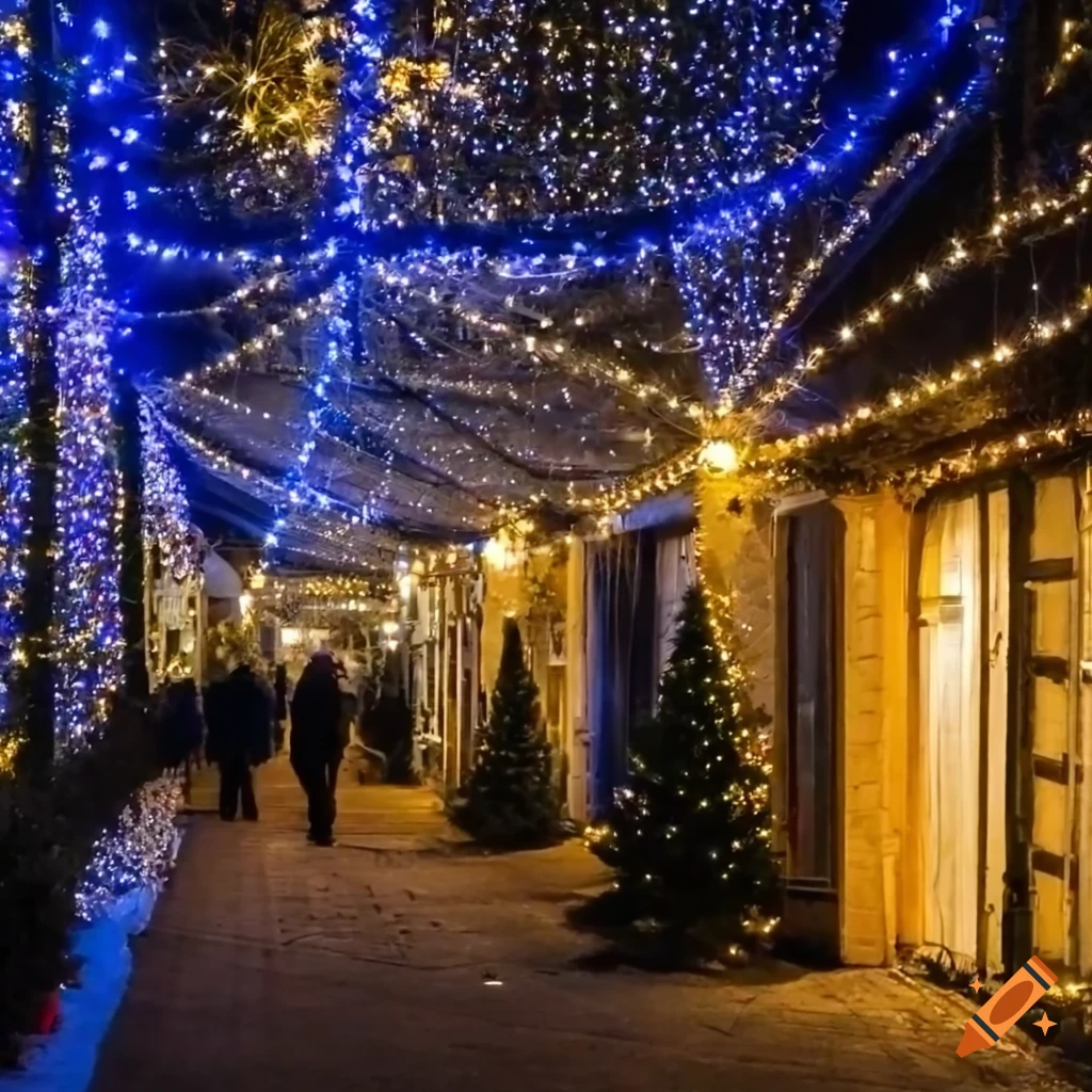 Christmas tree in an alley decorated with christmas lights on Craiyon