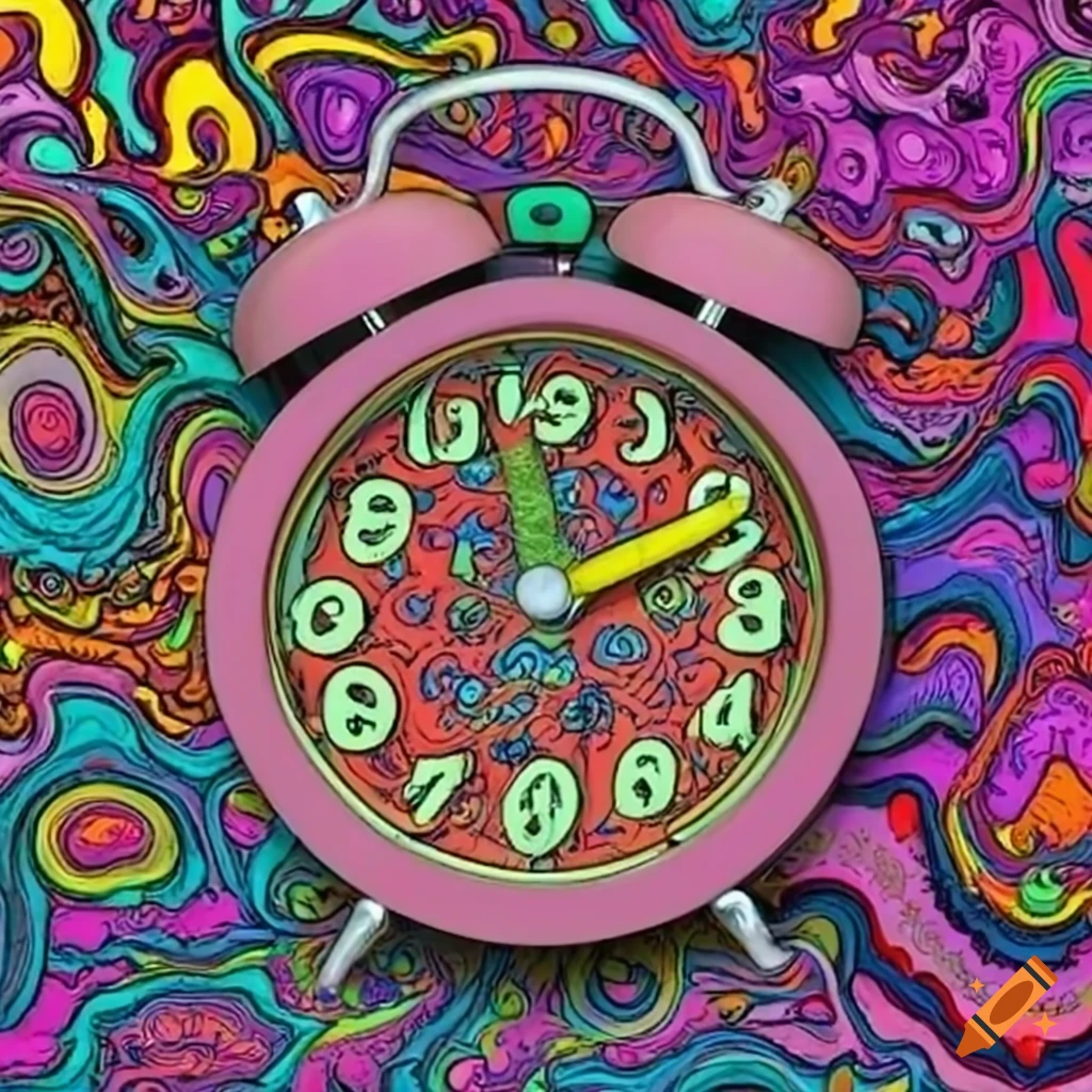 Vintage alarm clock with a psychedelic background on Craiyon