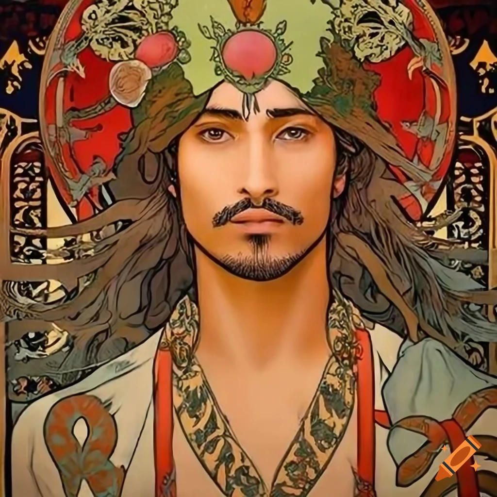 Alphonse Mucha inspired poster of a handsome male Indian king with long ...