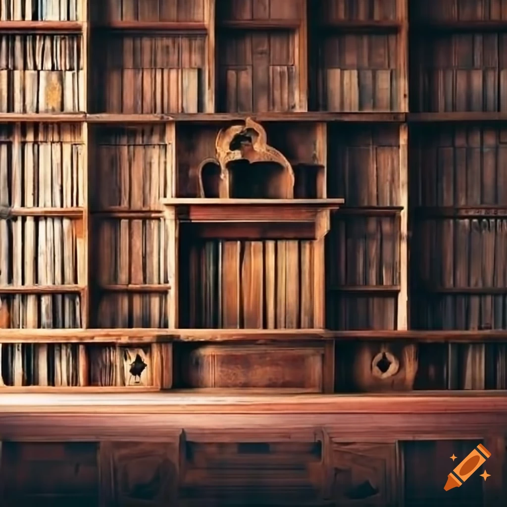 Old library wooden shelves with soft sunlight