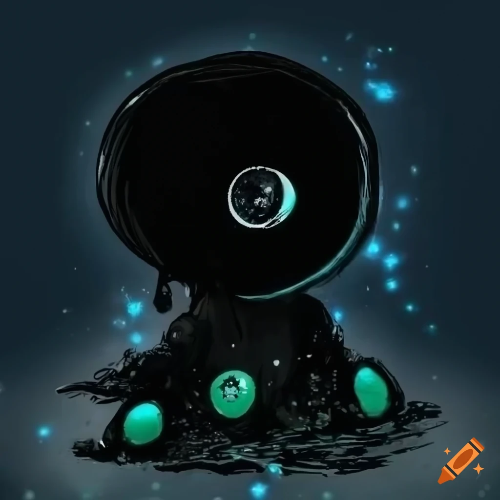 Tall pitch-black figure with piercing green eyes rising from a black ...