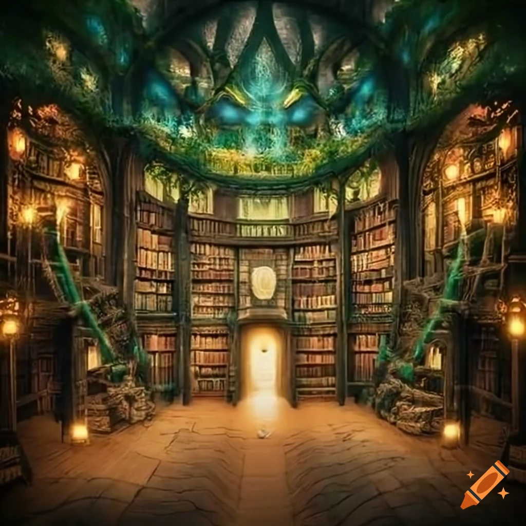 Gigantic ancient library in a bright enchanted forest with tall trees ...