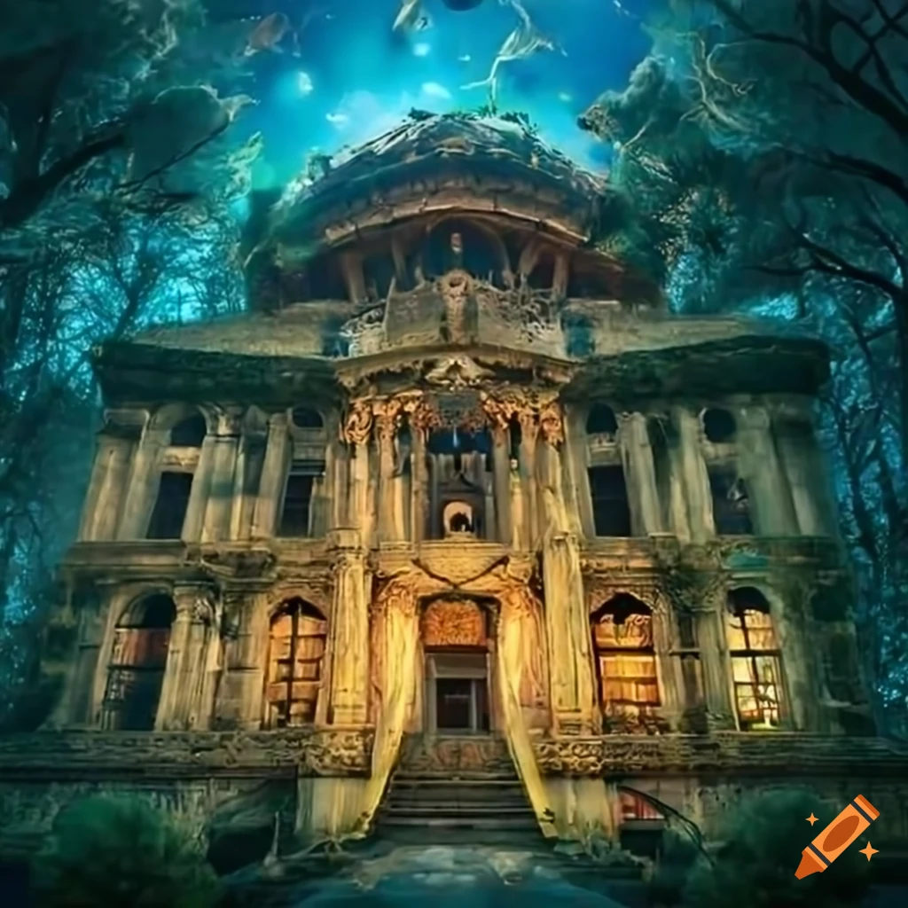 Gigantic ancient library in a bright enchanted forest with tall trees