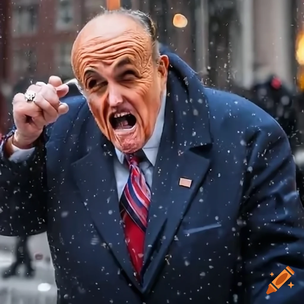 Rudy Giuliani with an angry expression holding a scotch in NYC during a ...
