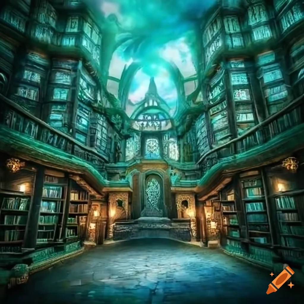 Gigantic ancient library in a bright enchanted forest with tall trees