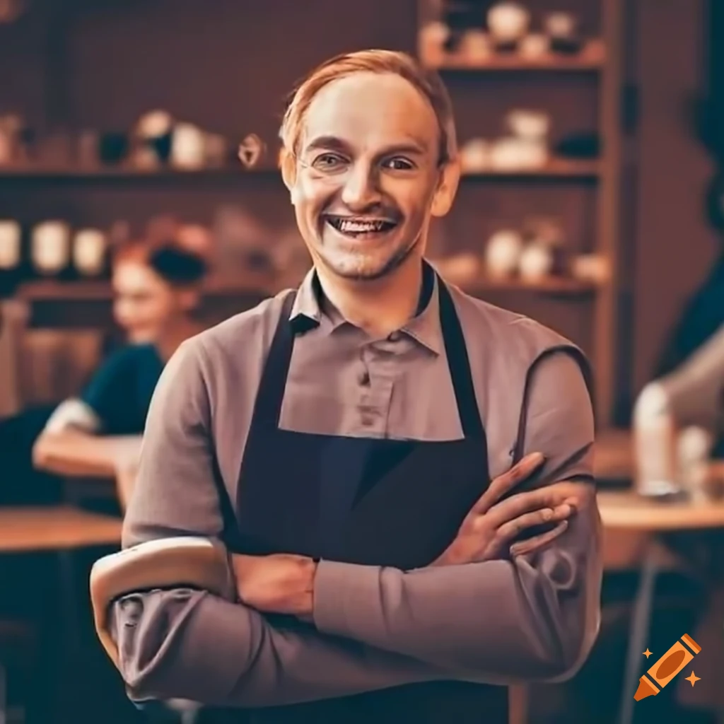 Happy male cafe owner overlooking crowded cafe on Craiyon