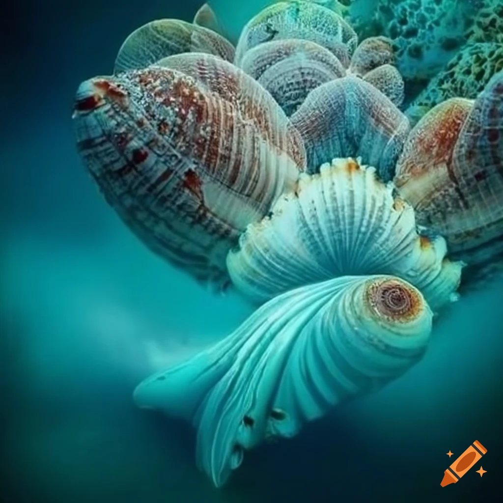 Surreal coral-colored shores, glassy seashells, waves, exotic flowers ...