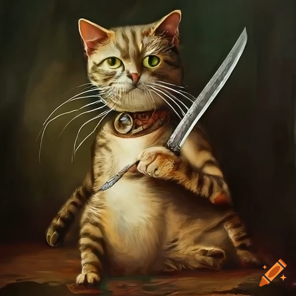 Surrealism painting of a cat with a sword leading a battle charge