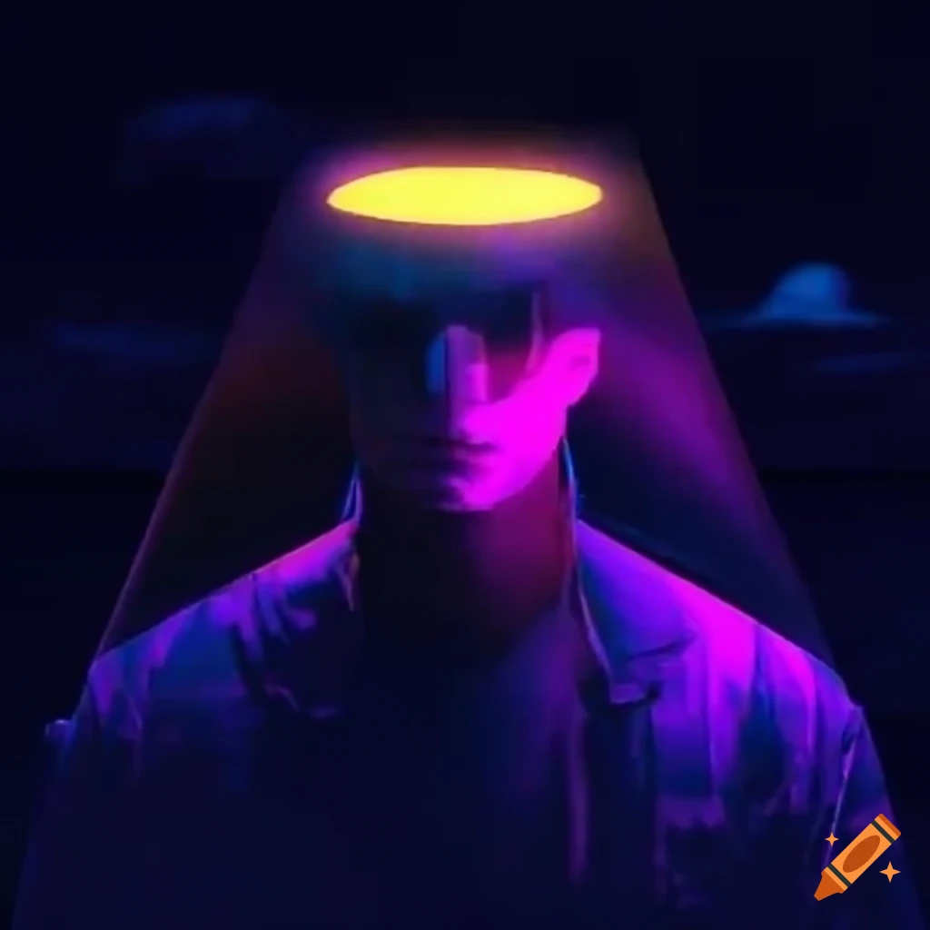 Soldier encountering vaporwave pyramid during thunderous storm