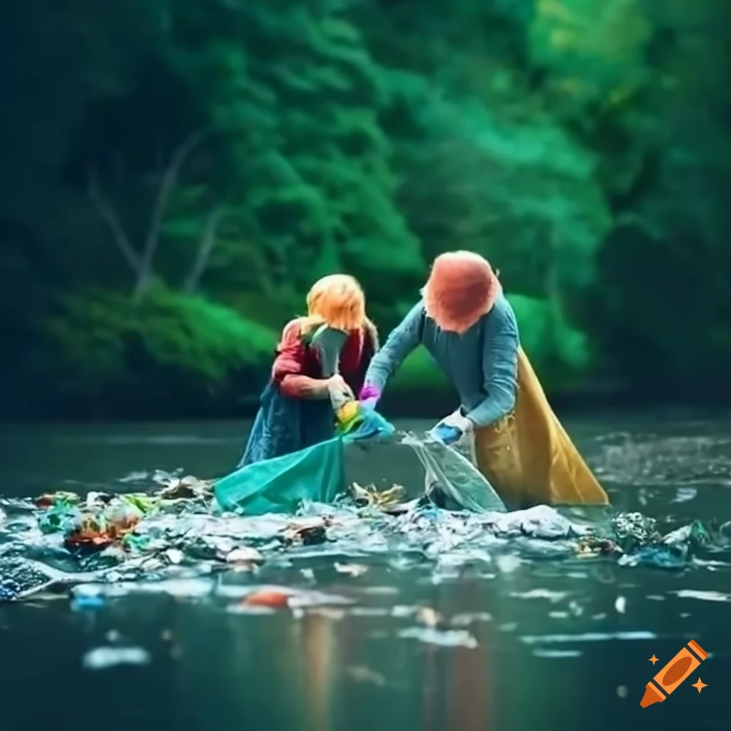 Community cleaning a polluted river and planting trees on Craiyon