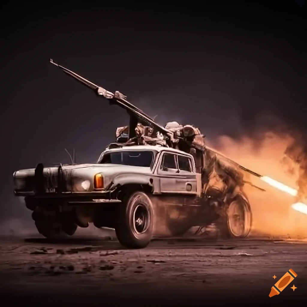 Truck shooting rocket in a post-apocalyptic setting on Craiyon