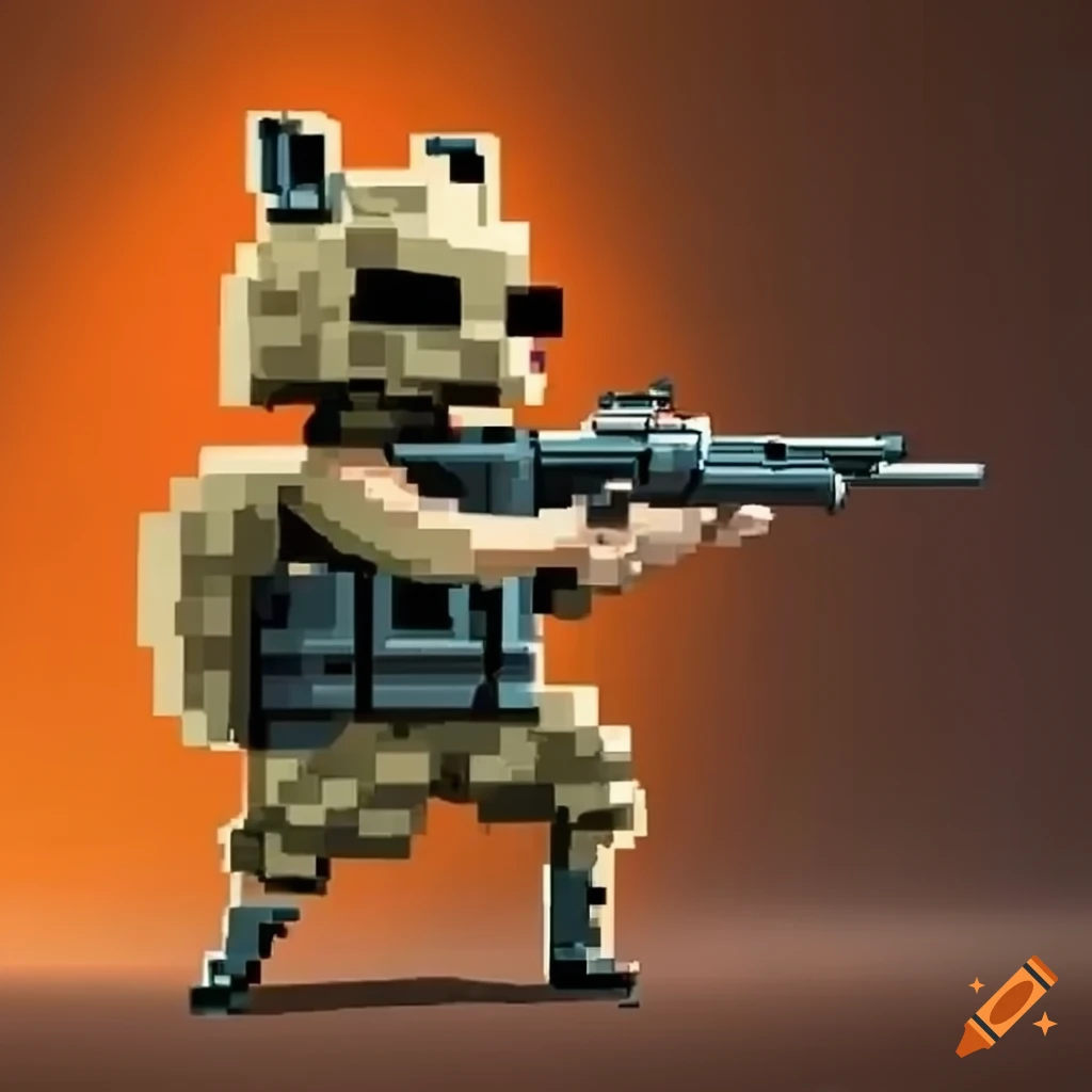 Pixelated military squirrel firing a gun on Craiyon
