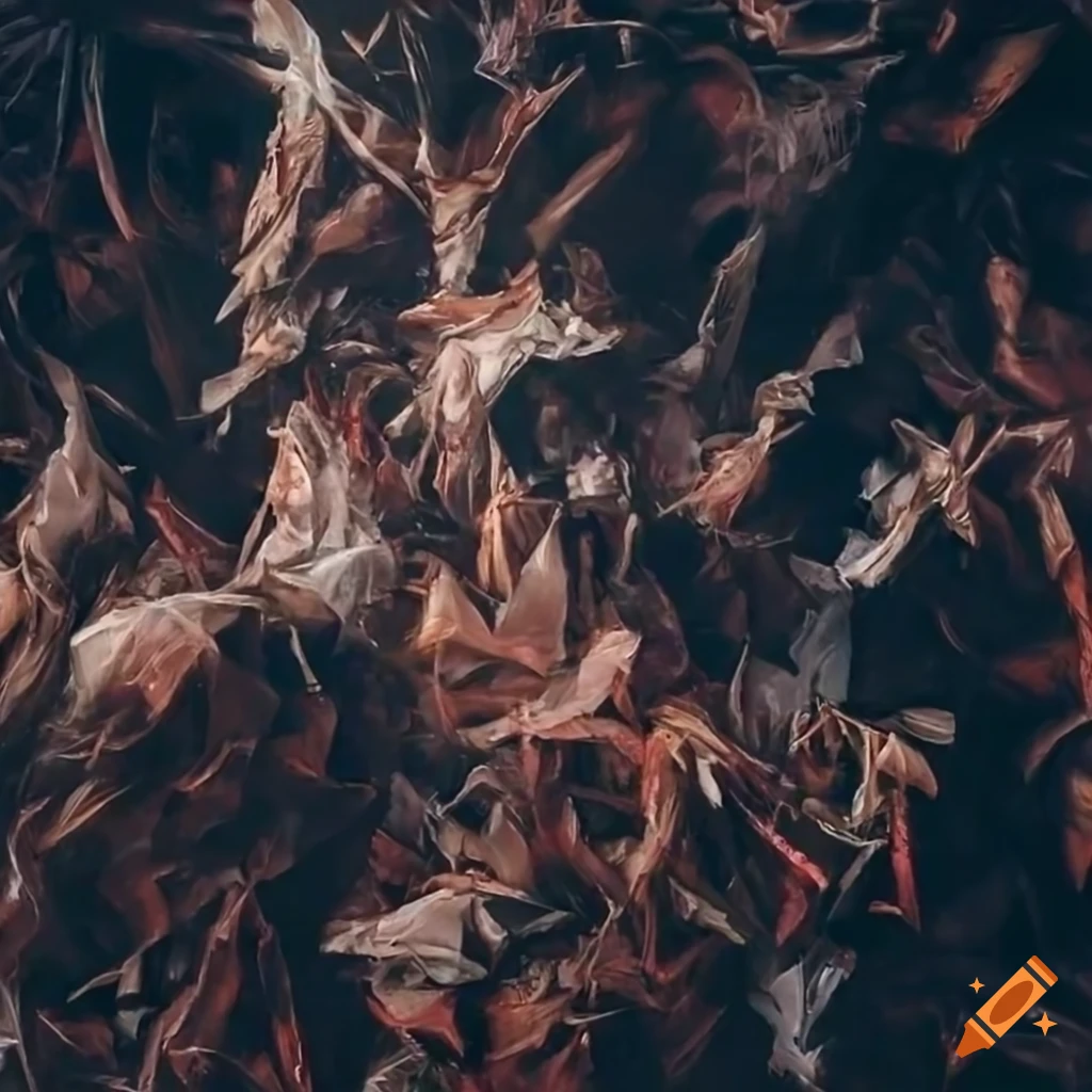 Distorted birds caught up in chaotic web made of junk garbage in a ...