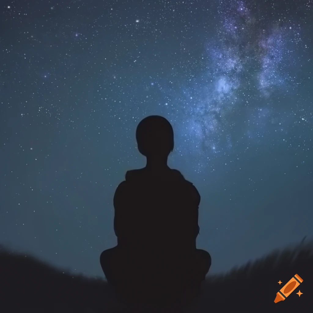 Dark outline of person sitting and staring at the starry night sky on ...