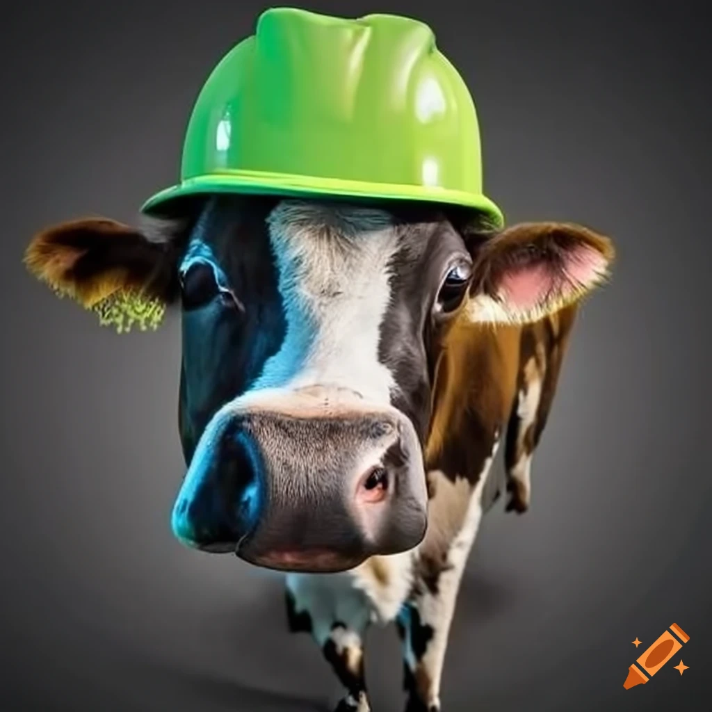 Dairy cow wearing a green hard hat on Craiyon