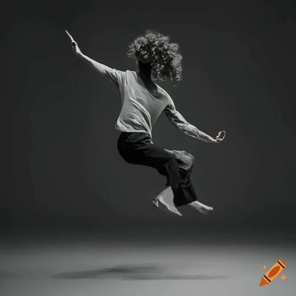 Tall curly man in dramatic running pose wearing gray shirt and black ...