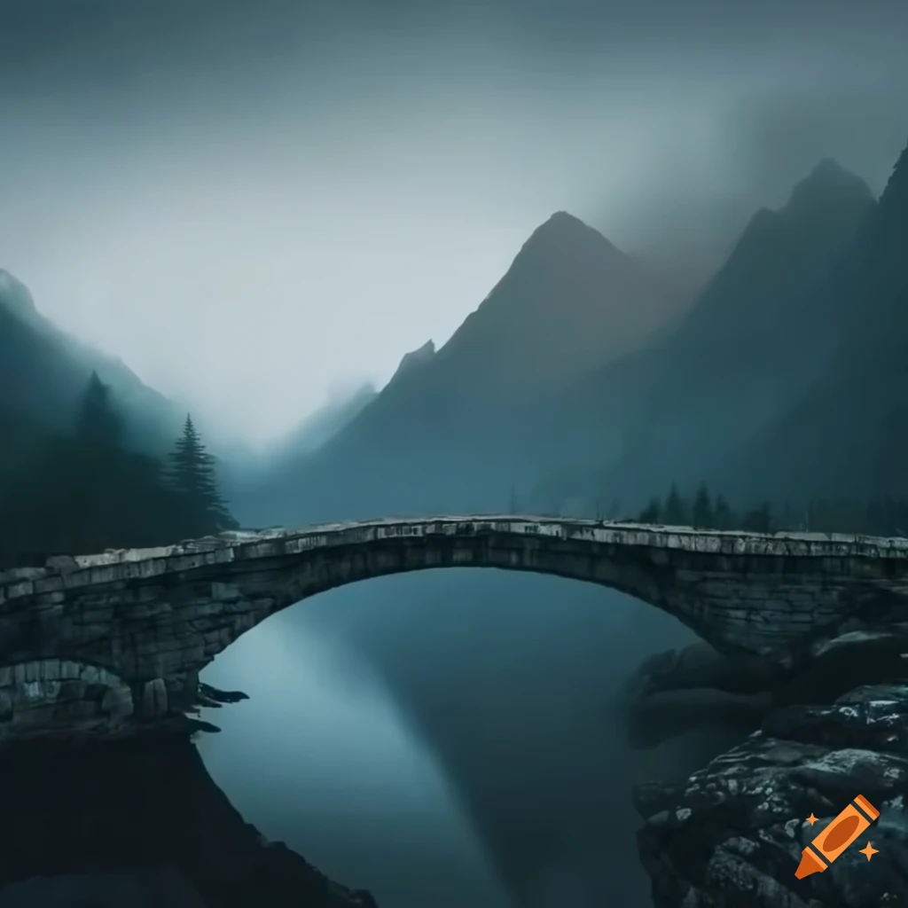 Mystical stone bridge with stunning mountain range shrouded in mist on ...