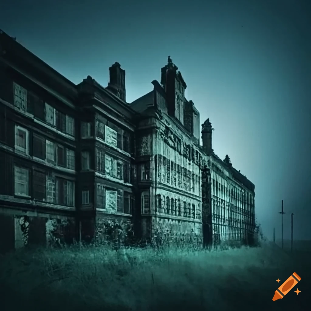 Exterior of bennett's asylum with fenced gate at night on Craiyon